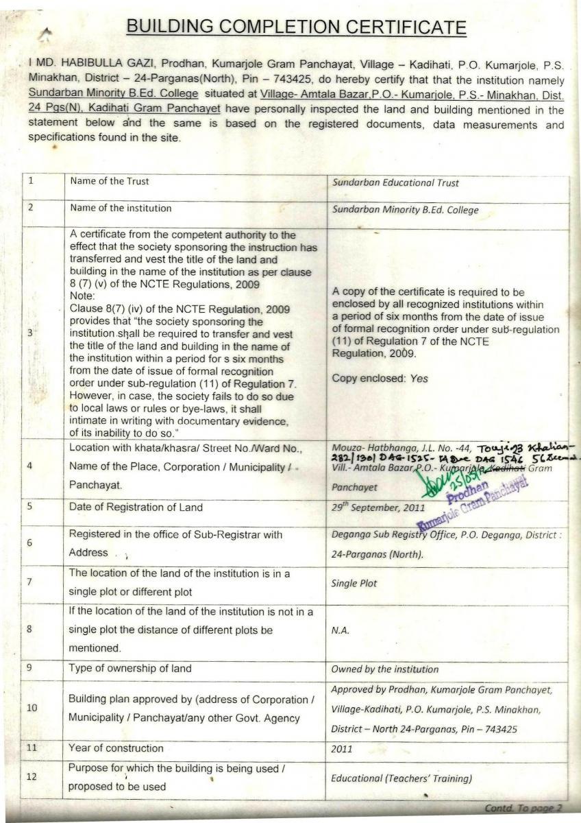 Building Completion Certificate Sundarban Educational Trust Building Completion Certificate Sundarban Educational Trust